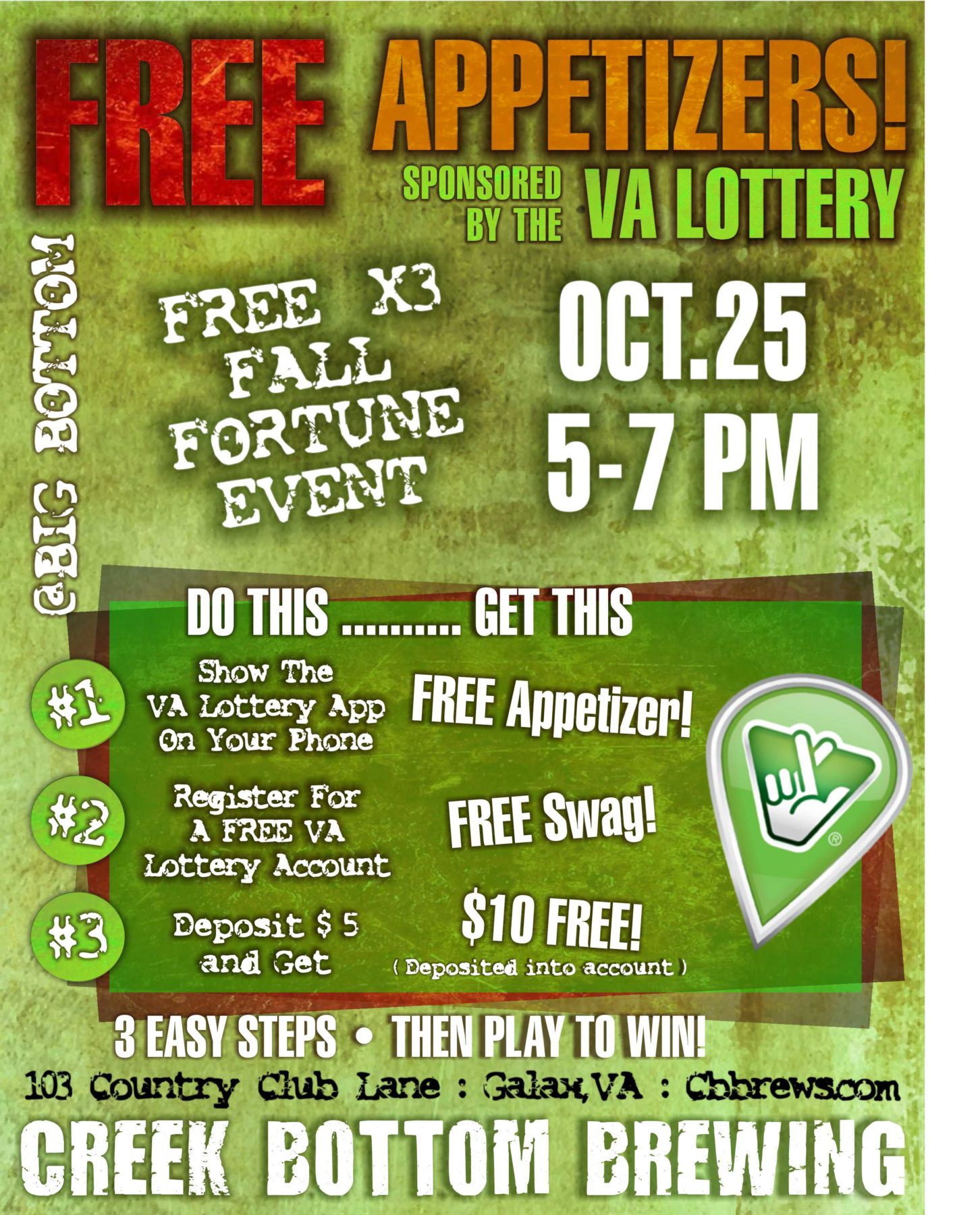 FREE Appetizers Sponsored by VA Lottery - Creek Bottom Brewing