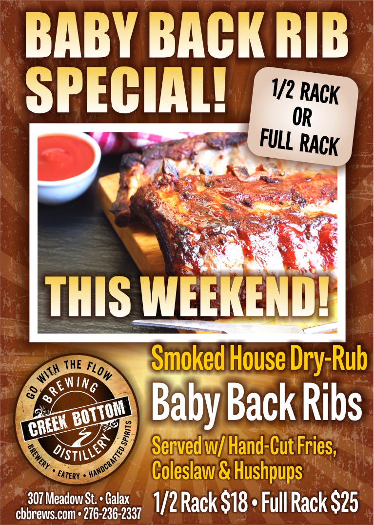 Baby Back Rib Special - Full or 1/2 Rack - March 23 - Creek Bottom Brewing